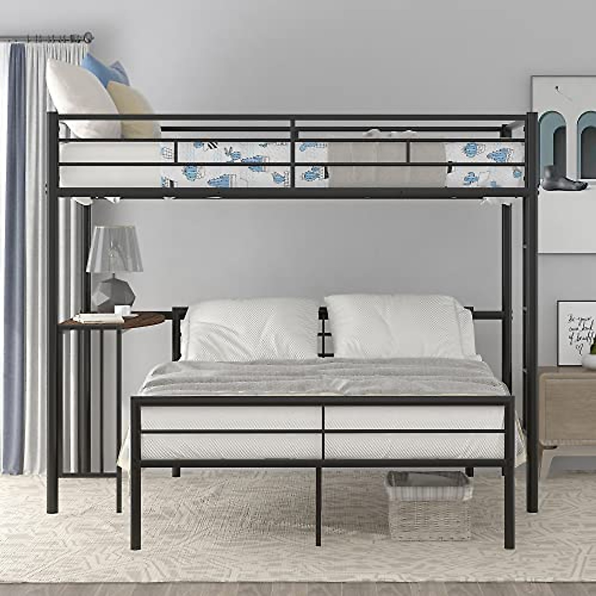 Harper & Bright Designs Twin Over Full Metal Bunk Bed Frame with Desk, Ladder and Quality Slats for Bedroom (Black)