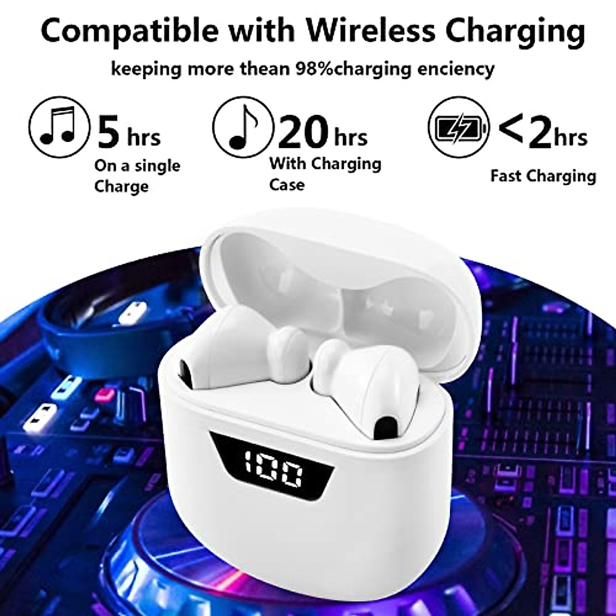Wireless Earbuds Bluetooth 5.0 Headphones,3D Stereo Air Buds Ear Bud Built-in Mic Deep Bass Touch Control Sport Earphones Open Lid Auto Pairing for Apple iPhone/Android/Samsung (White)