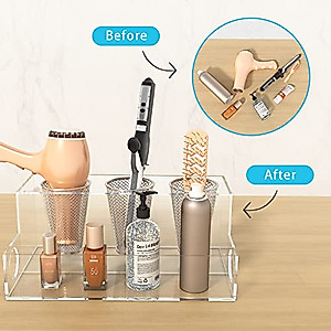 PecMuikee Hair Tool Organizer, Acrylic Hair Tool Caddy Countertop Blow Dryer Stand Storage with 3 Cups for Bathroom, Bedroom, Office, Clear