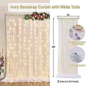 10ft x 10ft Dual Layer Ivory Tulle Backdrop Curtain Panels with Light, 2 Panels 5 x 10 ft Photo Background Drapes for Wedding Baby Shower Party Engagement Bridal Shower Photography