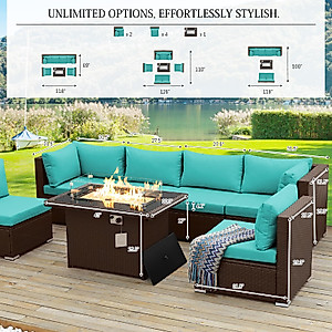 BULEXYARD High Back Brown PE Rattan Outdoor Patio Furniture Set with Propane Fire Pit Table, Large Wicker Outside Sectional Furniture Sofa Conversation Sets for Backyard(Aqua Blue, 7Pcs-A)