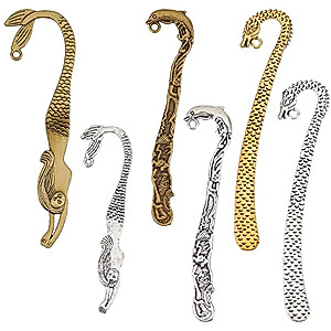 SUNNYCLUE 1 Box 12Pcs Metal Bookmarks Hook Bookmark Vintage Style Alloy Hook Bookmarks Hairpin Carved Mermaid Book Markers Dragon Charm Pendants for Books Lovers Teacher's Day Back to School Gift