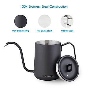 Easyworkz Gooseneck Pour Over Coffee Kettle 20 oz Stainless Steel Hand Drip Coffee Pot With Long Narrow Spout, Matte Black