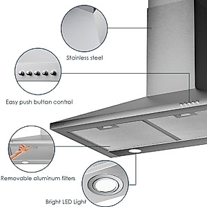 SOONYE 450 CFM 30 inch Range Hood, Stainless Steel Wall Mount Vent Hood, Convertible to Ductless/Ducted with LED Lights, 3 Speed Exhaust Fan