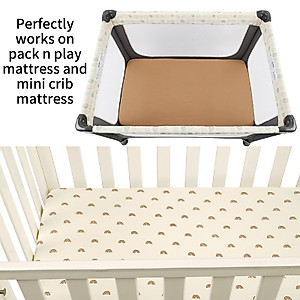 Muslin Pack n Play Sheets Soft Breathable 100% Cotton Mini Crib Fitted Sheets Portable/Convertible Playard Mattress Cover 2 Pack for Baby Boy and Girl, Natural and Rainbow