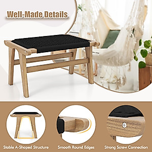 Tangkula Teak Ottoman Footstool, Natural Teak Wood Foot Rest with Handwoven Cordage for Patio, Porch, Balcony, Lawn, Garden, Backyard, Poolside & Deck,Indoor and Outdoor, 14" H (1)