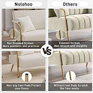 Nolohoo Loveseat Couch with Gold Legs, Velvet Upholstered Small 2 Seater Sofa with 2 Pillows, 58.6" W Comfy Settee Mini Couches for Office Living Room Compact Space (Beige White,Velvet)