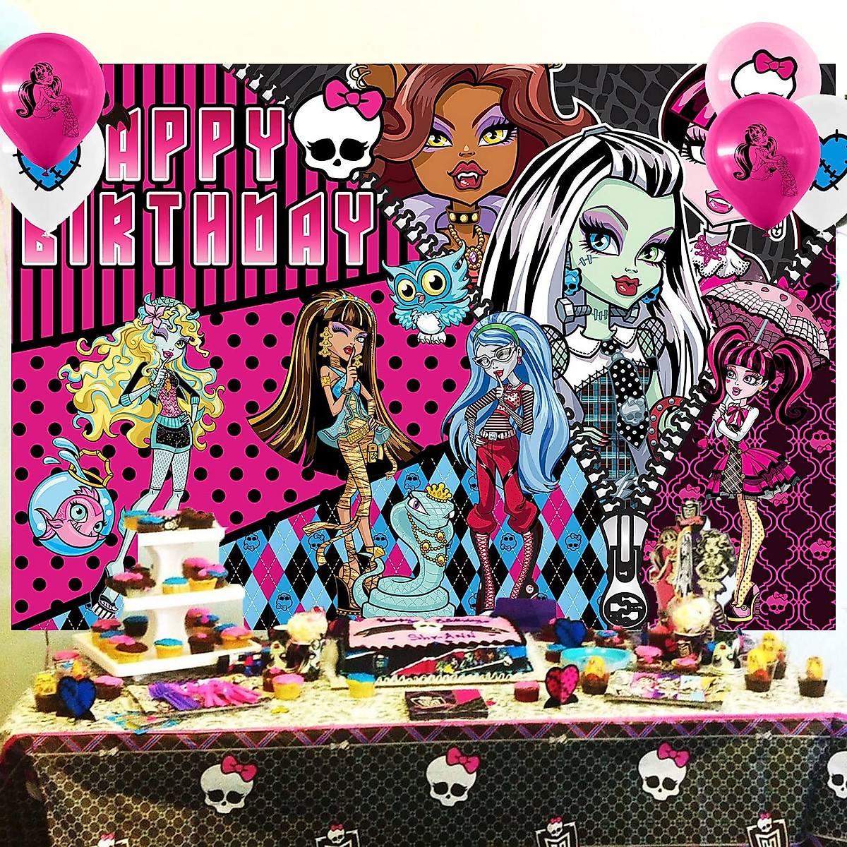 19Pcs Monster High Birthday Party Supplies,1 Happy Birthday Backdrop,18 Ballons for Monster High Party Decorations, 5 x 3FT Birthday Banner for Girls Boys Kids Birthday Party Decorations