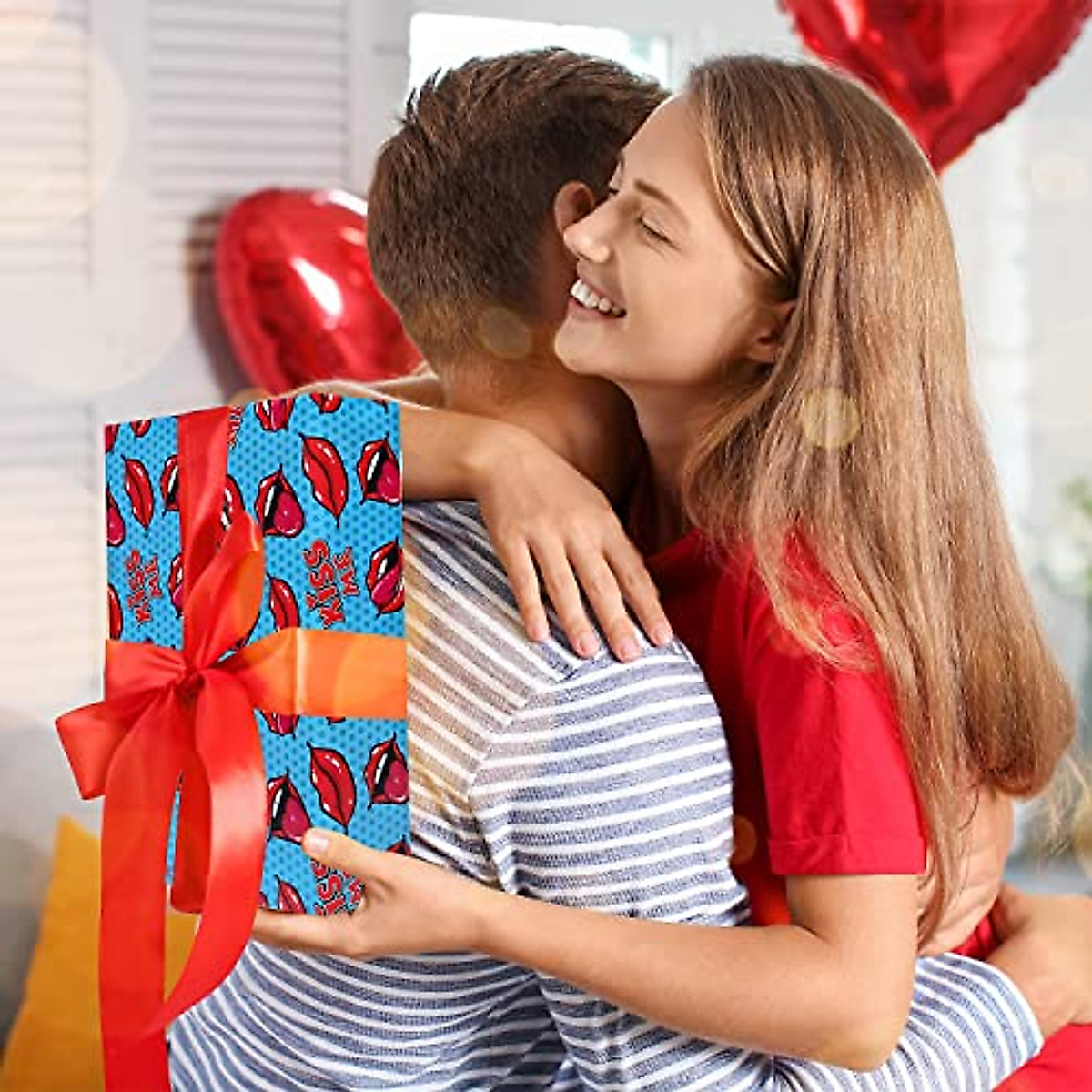 CAMKUZON Reversible Wrapping Paper for Valentine's Day, Birthday, Wedding, Holiday - 3 Large Sheets Red Lip with KISS ME and Heart Design Gift Wrap - 27 Inch X 39.4 Inch Per Sheet