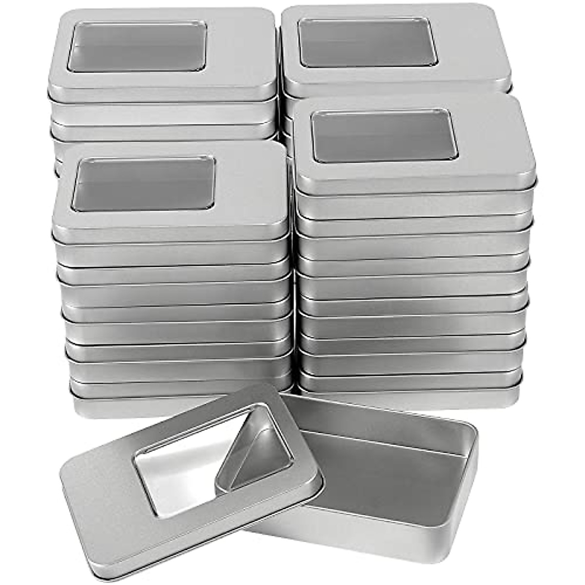 FUNSUEI Rectangular Metal Tins Cans, 24 Pack 4.5 x 3.5 x 0.8 Inches Empty Metal Tin Containers Cans with Clear Window Lids, Metal Tins Jars for Candles, Candies, Gifts, Balms, Small Crafts