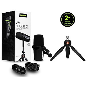Shure MV7 USB Microphone with Tripod, for Podcasting, Recording, Streaming & Gaming, Built-in Headphone Output, All Metal USB/XLR Dynamic Mic, Voice-Isolating Technology, TeamSpeak Certified - Black