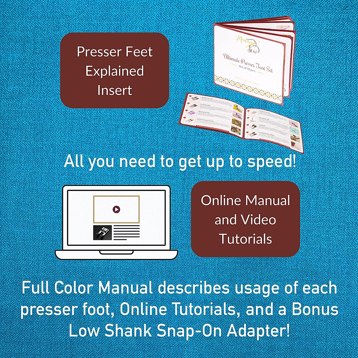 Madam Sew Presser Foot Set 32 Piece Set | The ONLY Sewing Machine Presser Foot Kit with Manual and Deluxe Storage Case | Numbered Slots for Organization | Compatible with Most Sewing Machines