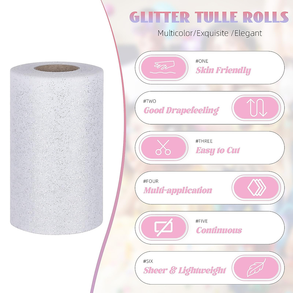 Glitter Tulle Rolls 6” by 50 Yards Sparkle Tulle Fabric Ribbon Sequin Tulle Netting Rolls for DIY Tutu Skirt Wedding Birthday Party Decoration (White/Silver-New)