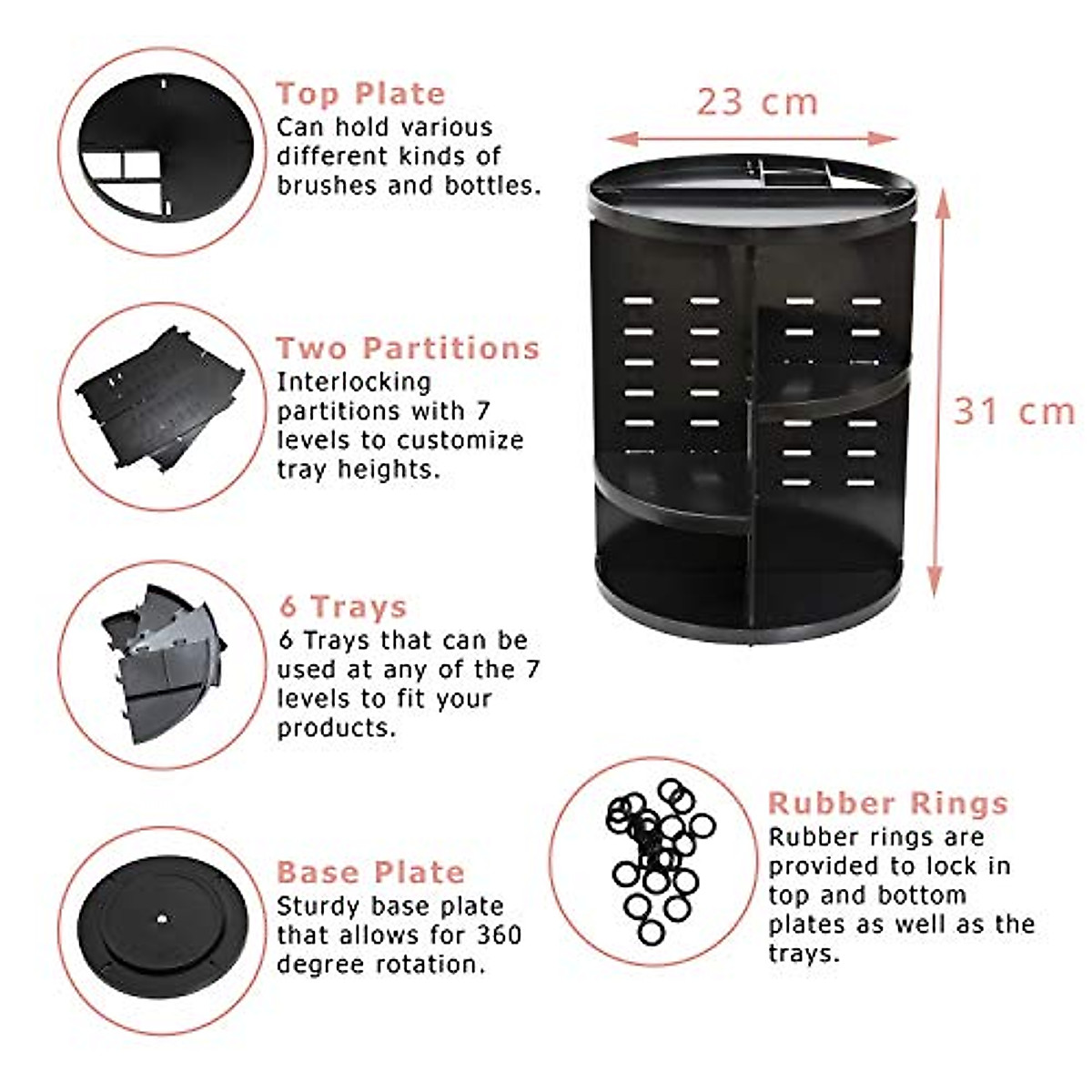 360 Rotating Makeup Organizer, DIY Adjustable Cosmetics Carousel Spinning Holder Storage Rack, Large Capacity, Eliminates Bathroom Countertop Clutter, Black, Luxx Chicc (Black)