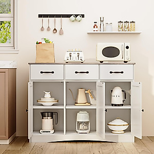 Gizoon Farmhouse Buffet Cabinet with 3 Drawers and Barn Doors, Stylish Wood Coffee Bar Cabinet with Adjustable Shelf, Modern Sideboard for Kitchen, Dining Room, Living Room, Grey