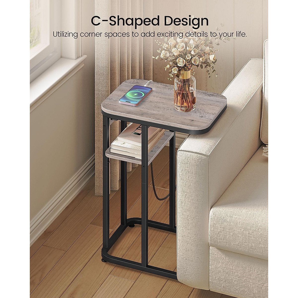 CHOEZON C-Shaped Side Table, Small End Table with Charging Station, Sofa Side Table for Couch with Outlet and USB Ports, for Small Spaces, for Bedroom, Living Room, Greige and Black TSF02UBH