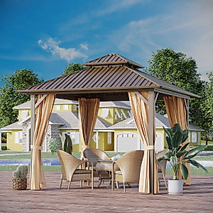 GAZEBEST 10x10 ft Hardtop Gazebo Outdoor Aluminum Patio Gazebo Double Roof Galvanized Steel Canopy with Netting and Curtains,for Garden, Backyard,Deck and Lawns