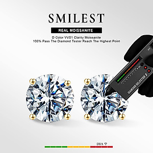 SMILEST Moissanite Earrings for Men Women, 1ct D Color VVS1 Clarity Lab Created Diamond Earrings 18K Gold Vermeil 4-Prongs Basket Classic Solitaire Moissanite Earrings Screw Back Teacher Earrings