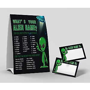 shupai What's Your Alien Name Game, 1 Alien Theme Sign and 50 Name Tag Stickers, Birthday Game for Kids and Adult Parties, Activity Game for Office or Class | F014