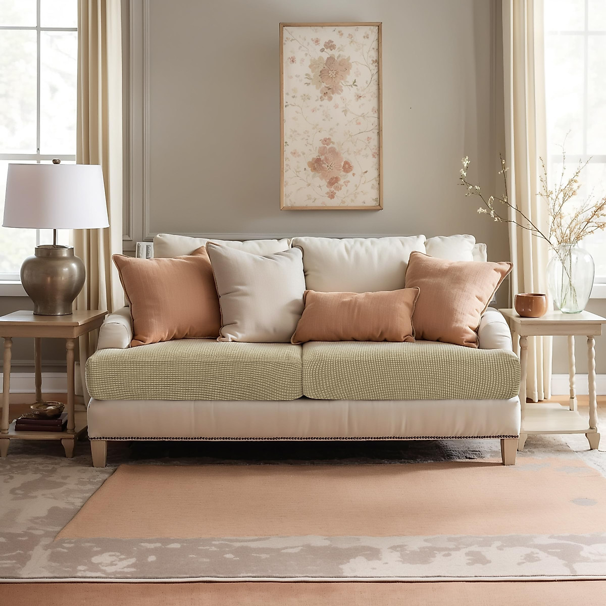 SUBRTEX Stretch Cushion Covers Couch Cushion Slipcovers RV Seat Covers Chair Loveseat Sofa Cushion Protector Spandex Elastic Furniture Protector for Seat (2 Packs, Sand)