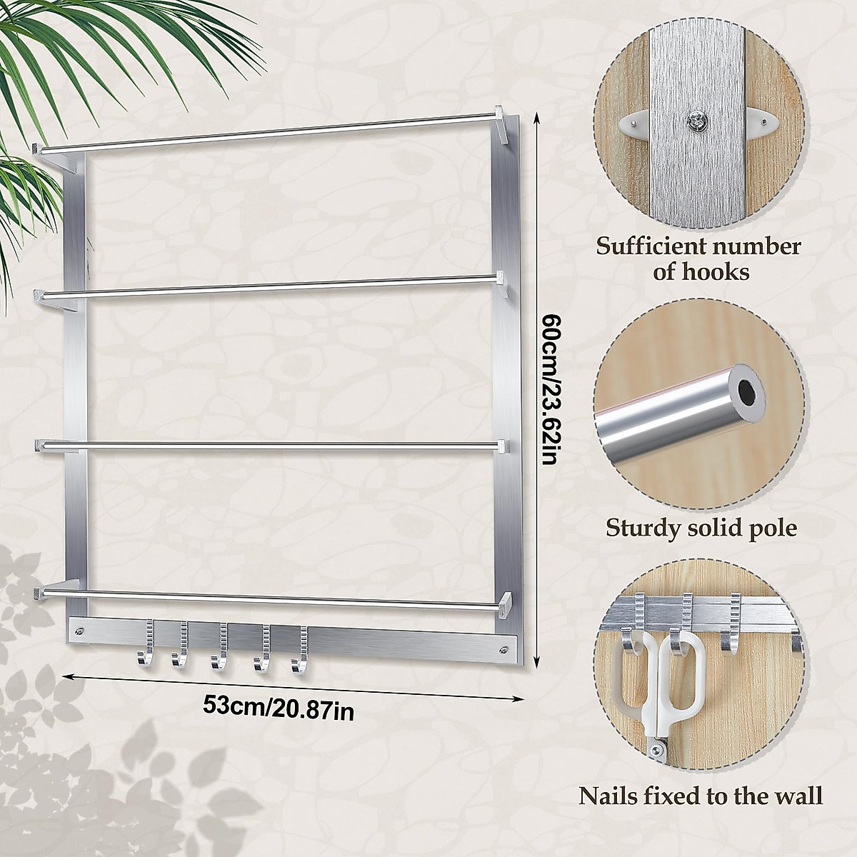 Tandefio Ribbon Wall Holder 4 Tier Ribbon Organizer Sewing Tool Thread Storage Rack Wire Spool Rack Wall Mount with 5 Hook for Ribbon Thread Fabric Wrapping Paper Scarf Belt Towel