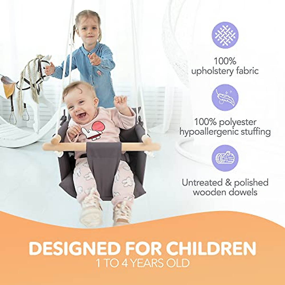 CaTeam - Canvas Baby Swing, Wooden Hanging Swing Seat Chair with Safety Belt, Durable Baby Hammock Chair, Outdoor and Indoor Swing for Kids, Mounting Hardware Included, Dark Gray