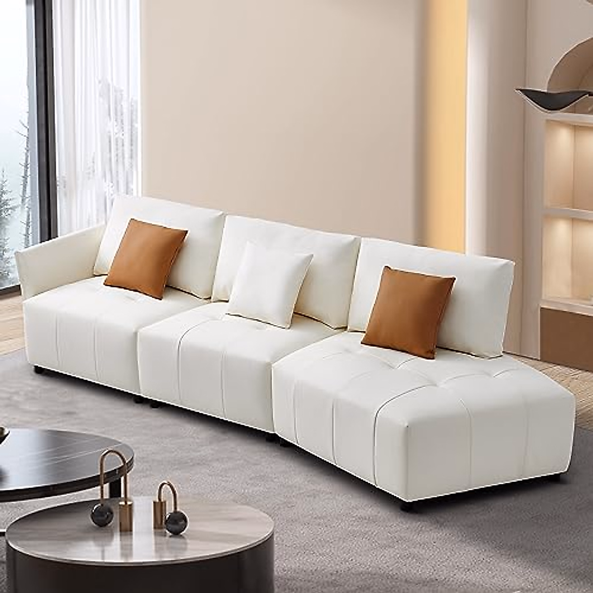 BAMOOLI 120'' Leather Curved Sectional Couches, Mid-Century Modern Leather Sectional Sofa Couches with 3 Pillows, Modular Sectional Couch Real Leather Sofas for Living Room, Bedroom, Apartment, Beige