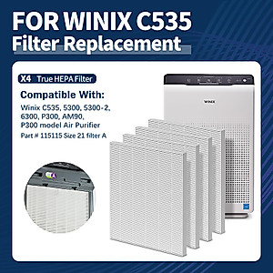 115115 HEPA Replacement Filter A Size 21 Compatible with Winix PlasmaWave C535 5300 5300-2 6300 6300-2 P300 AM90 9000 5000 5000B C909 9800 Air Purifier, 4 Pack