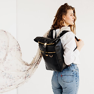 BERLINER BAGS Premium Leather Backpack Harlem, Laptop Bag and Travel Rucksack for Women - Black/Gold