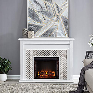 SEI Furniture Hebbington Carrara Marble Tiled Electric Fireplace, White-Gray
