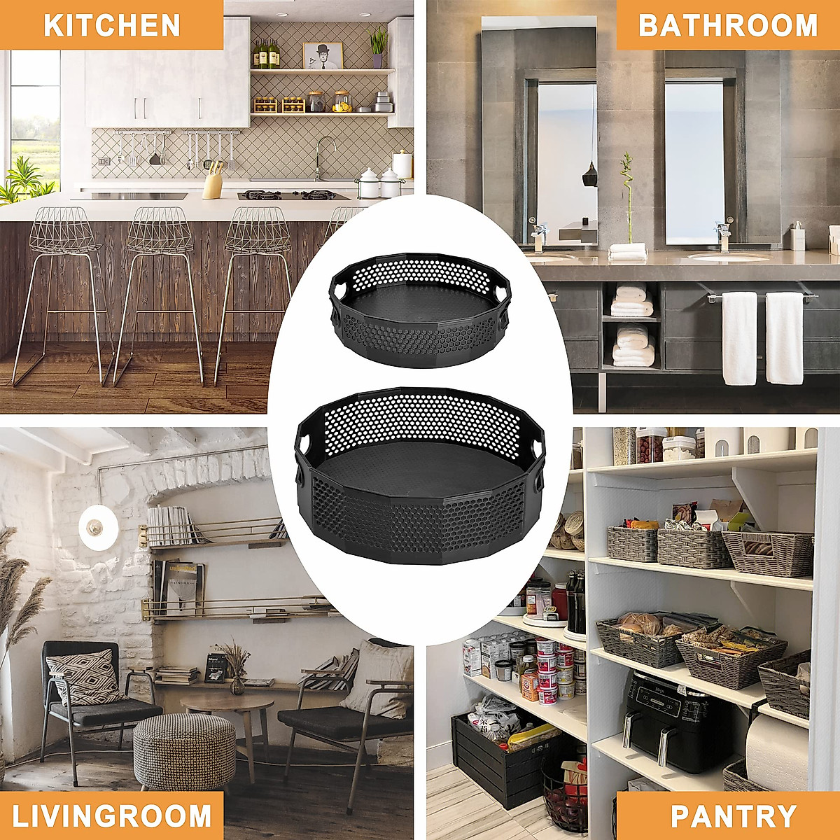 YEAVS 2 Pack Spinning Lazy Susan Turntable, Deep Plastic Spice Condiment Holder Makeup Organizer Multifunctional for Kitchen Fridge Bathroom Counter Top (Black)