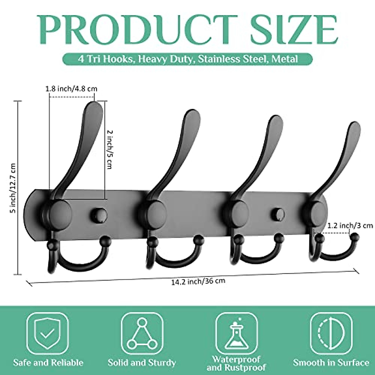 Kenning 4 Pack Coat Rack Wall Mounted with 4 Tri Metal Coat Hooks for Hanging Clothes Hat Keys Towel, Heavy Duty Stainless Steel Coat Hanger Wall Hooks Rack for Bathroom, Bedroom, Entryway