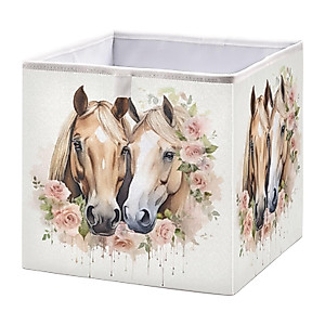 Emelivor Horse Roses Cube Storage Bin Fabric Storage Cubes Collapsible Foldable Storage Baskets Organizer Containers for Shelves Nursery Closet Bedroom Living Room,11 x 11inch