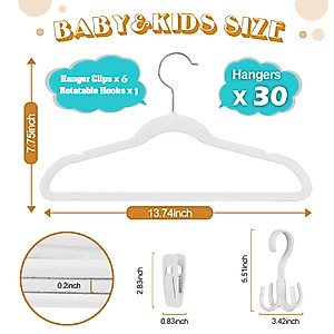 Tinfol Kids Velvet Hangers 30 Pack, White Non-Slip Toddler Hangers, Space Saving Felt Kids Hangers for Children's Clothes, Pants Dress