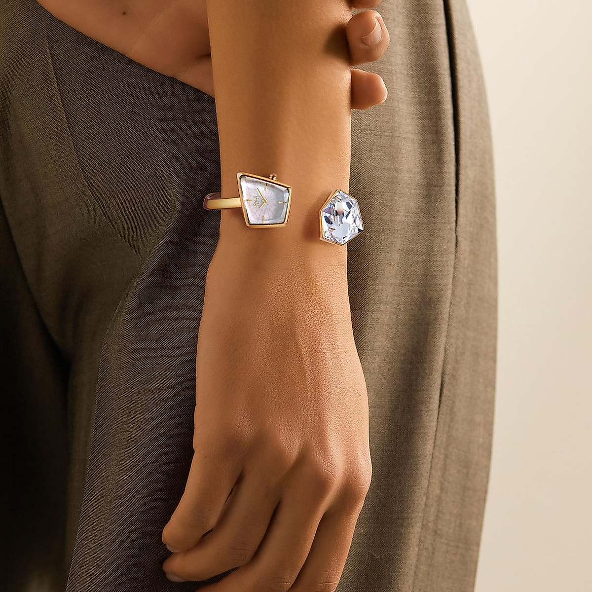 SAGA Illusion Women's Luxury Cuff Bangle Watch, Shaped Mineral Case, 316L Stainless Steel Bracelet with Danube Crystals, Swiss Ronda Quartz Movement, 30M Water Resistant