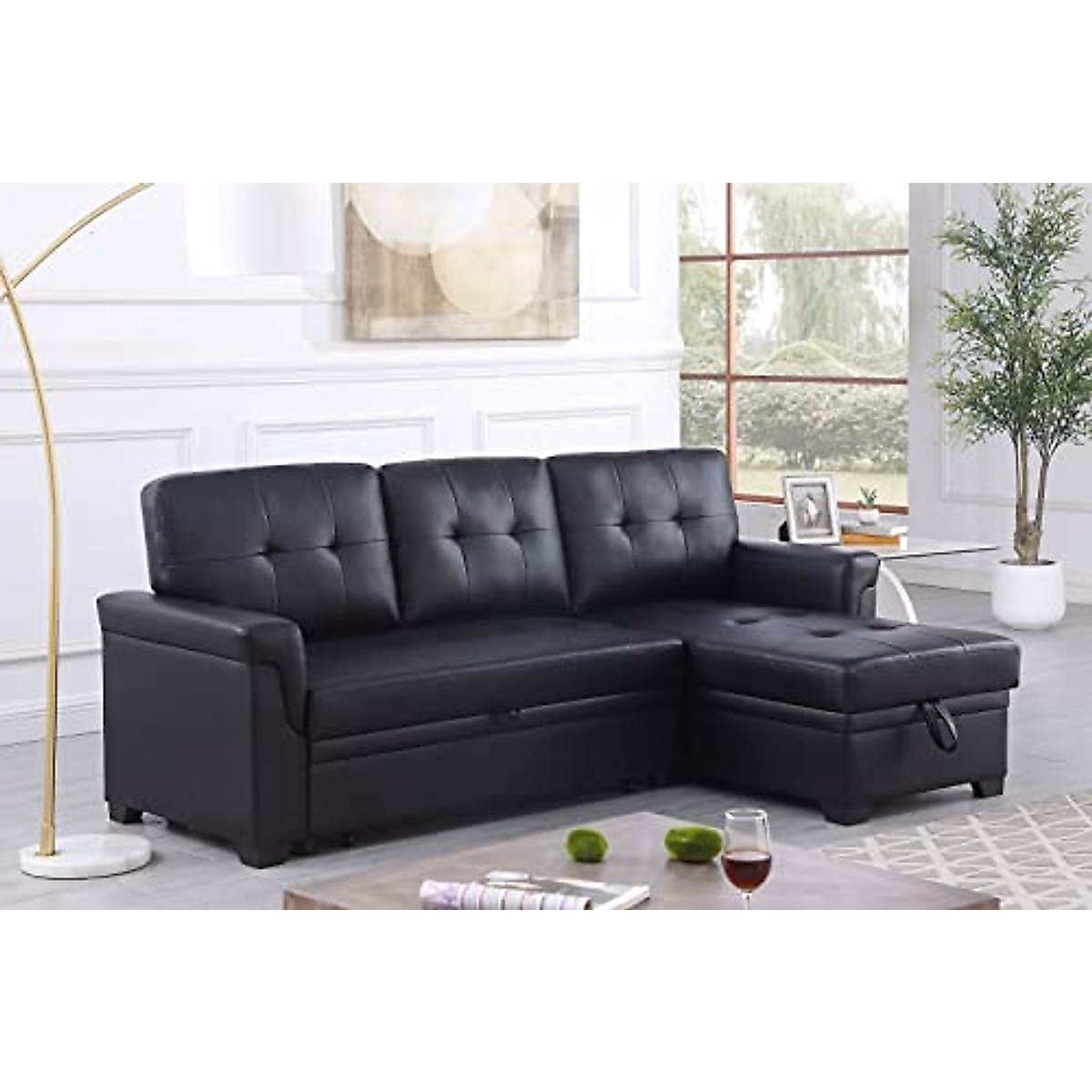 Evedy Reversible Sleeper Sectional Sofa with Storage Chaise,Living Room Furniture Set,L-Shaped Couch with Pull-Out Sofa Bed,PU Leather Upholstered Sofas & Couches for Apartment/Lounge-Black