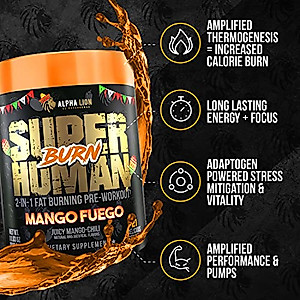 ALPHA LION Superhuman Burn 2-in-1 Metabolism Booster Pre Workout, Weight Loss Supplement, Appetite Suppressant, Fat Loss Support, Energy & Focus Powder (21 Servings, Mango Chili Flavor)
