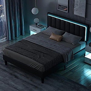 Catrimown Queen Size Bed Frame with LED Lights, Upholstered Bed Frame Queen with Faux Leather Adjustable Headboard, Wood Slat Support, No Box Spring Needed, Easy Assembly, Black