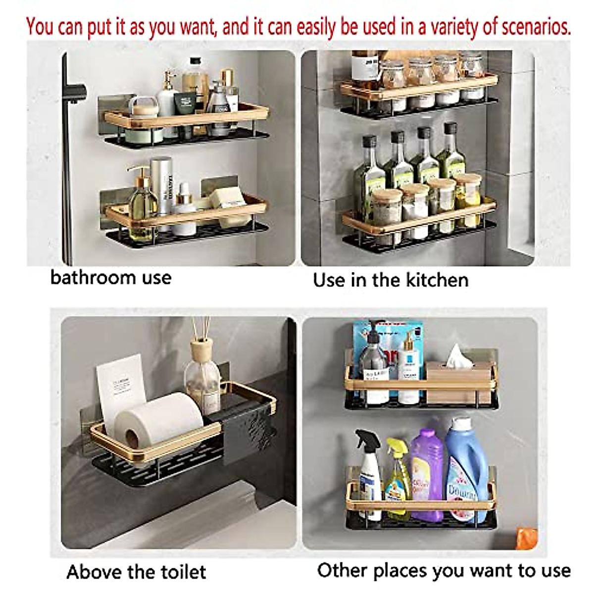 HONGXILONG Shower caddy Bathroom shelves,Space Aluminum shower shelves,No Drilling Adhesive Wall Mounted Bathroom Organizer - 2-Pack (Champagne Gold)