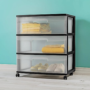 Plastic Storage Drawer Cart, Medium Home Organization Storage Container with 3 Large Clear Drawers With Wheels (BLACK)