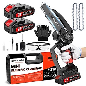 Mini Chainsaw 6-Inch, DOMPLAZA Electric Chainsaw Cordless 2.6LB One-Hand Use Electric ChainSaw for Wood Cutting Tree Trimming by 2Pcs 21v 10000mAh Batteries