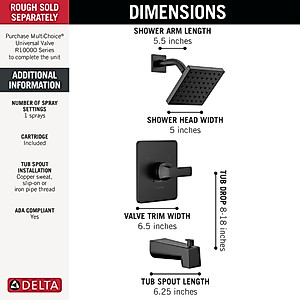 Delta Faucet Velum 14 Series Single-Function Black Tub and Shower Faucet Set, Valve Trim Kit, Shower Handle, Delta Shower Trim Kit, Shower Set, Matte Black T14437-BL (Valve Not Included)