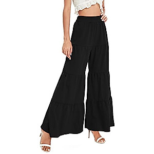Floerns Women's Boho High Waisted Palazzo Pants Beach Ruffle Wide Leg Flowy Pants Black X-Large