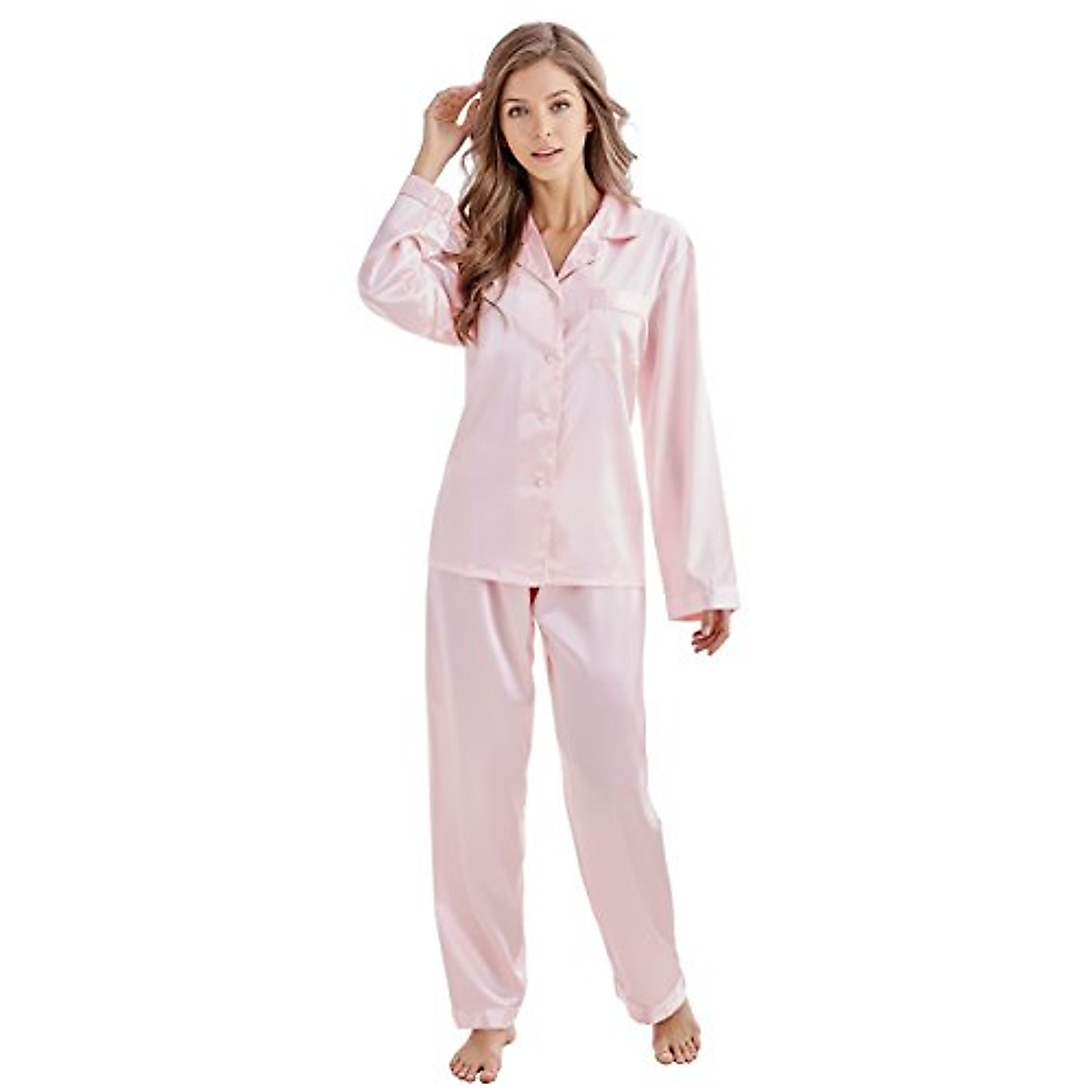 TONY & CANDICE Women's Classic Satin Pajama Set Sleepwear Loungewear (Large, Light Pink)