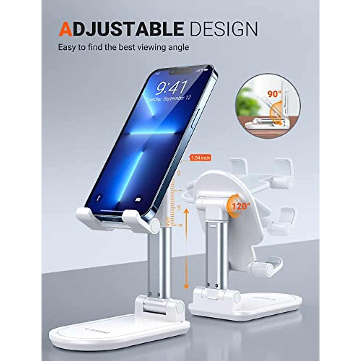 TORRAS Foldable Cell Phone Stand for Desk [Ultra-Portable] Adjustable Desktop Phone Holder Thick Case Friendly Phone Dock Compatible for iPhone 13 12 11 Pro Max, Samsung Galaxy S21+Ultra Note 20 & All