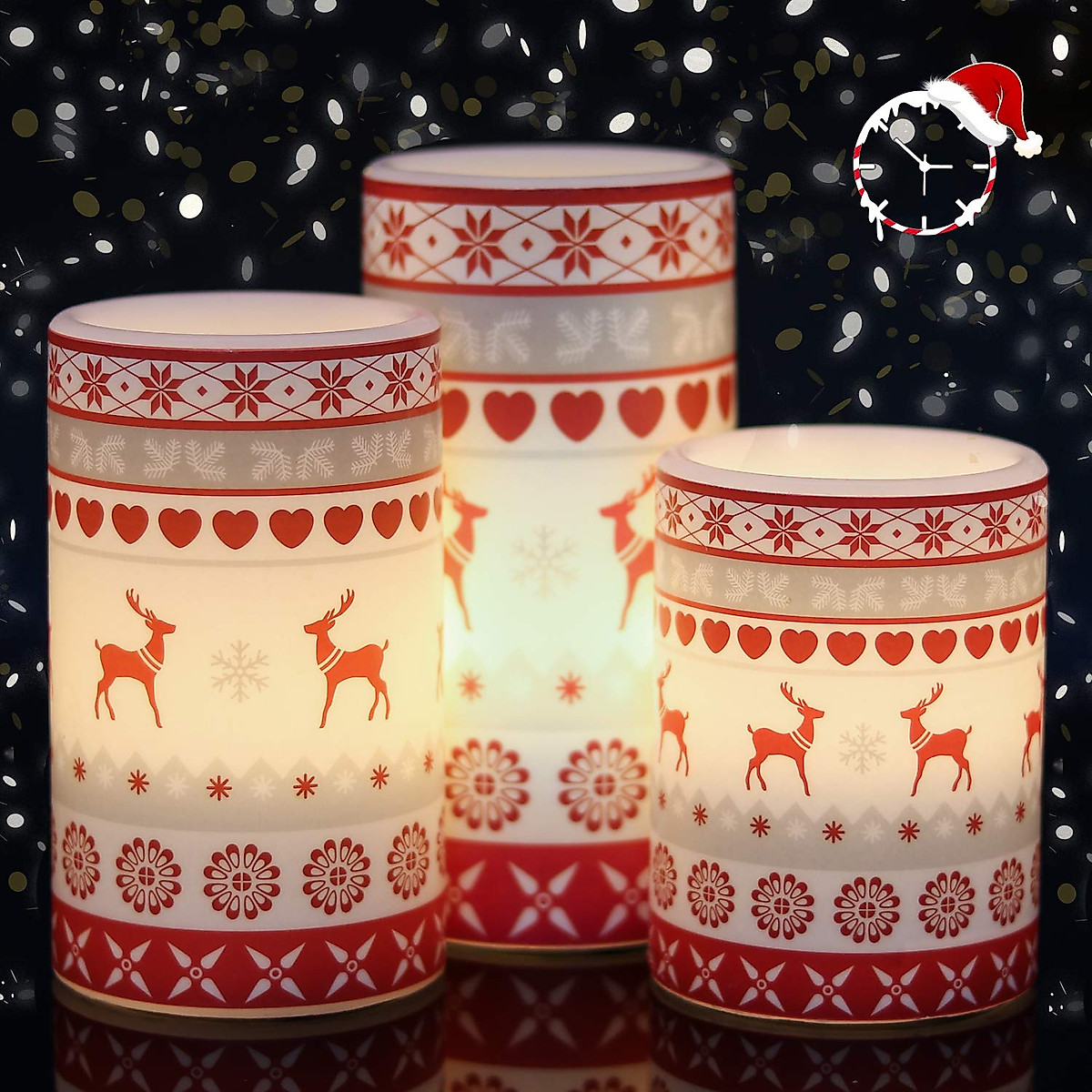 Wondise Flameless Pillar Candles Battery Operated with Timer, Real Wax LED Flickering Reindeer Decal for Christmas Home Decor, Set of 3(D3 x H4,5,6 Inch)