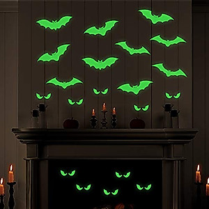 Ivenf Halloween Decorations Glow in Dark Bat Stickers, Bats Peeping Eyes Luminous Wall Decal, Scary Kids School Home Office Halloween Party Supplies, 2 Sheets 30 pcs