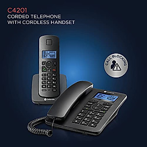 Motorola Voice C42 Corded Phone System + 1 Digital Cordless Handset w/Answering Machine, Call Block - Black (C4201)