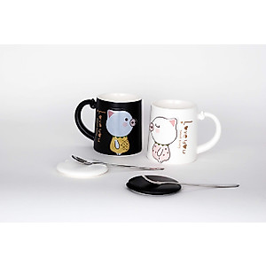 Hinomaru Collection Sweet Love Pig Couple Pair Mug Passion Piggies Kissing Matching Companion Mug Set Pack of 2 With Stirring Spoon (Black White)