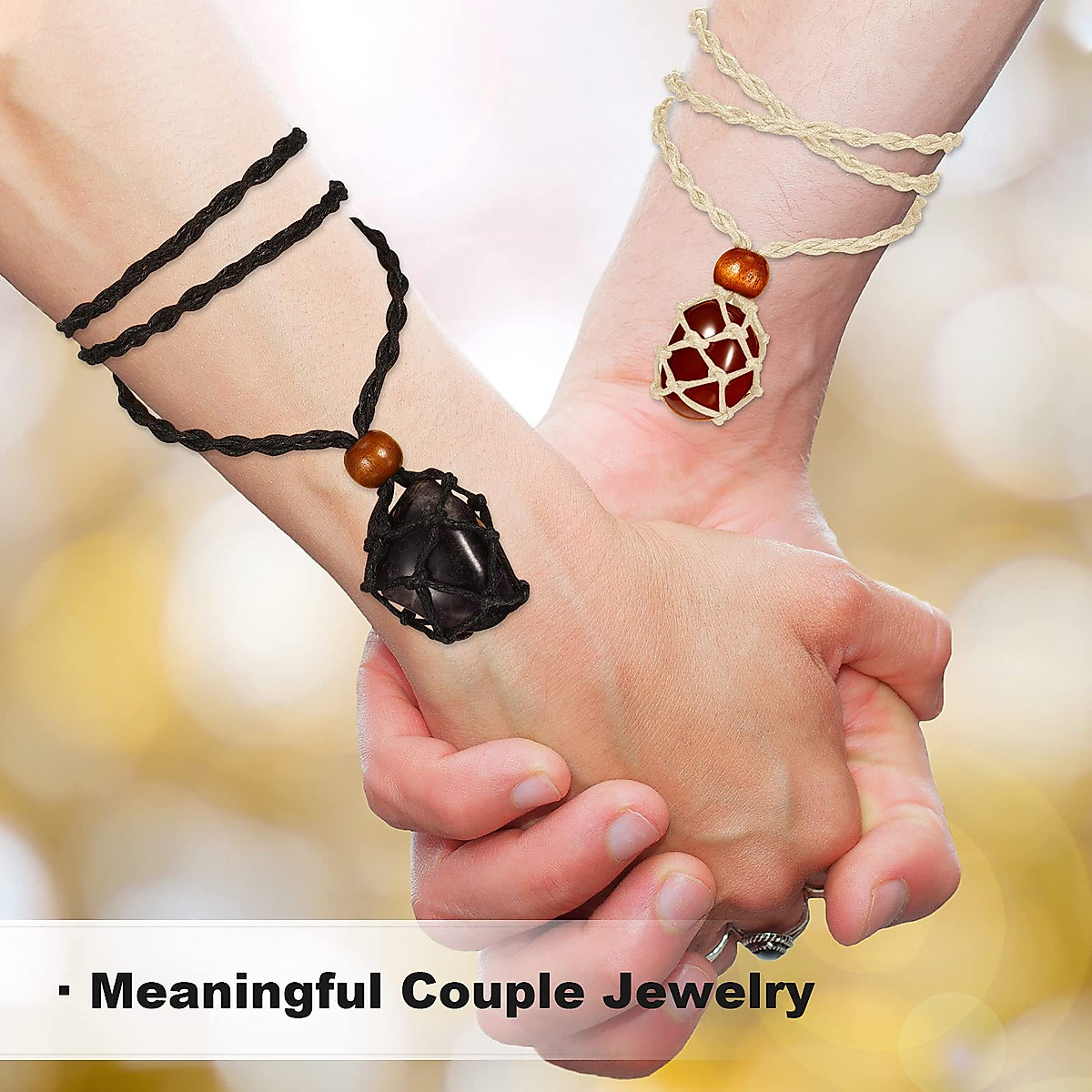 4 Pieces Crystal Necklace Holder Empty Stone Crystal Holder Adjustable Rope Necklace Cord Quartz Crystal Raw Stone Necklace Cord Handmade Woven Netted Cage(Black, Brown, Beige, Orange, Medium)